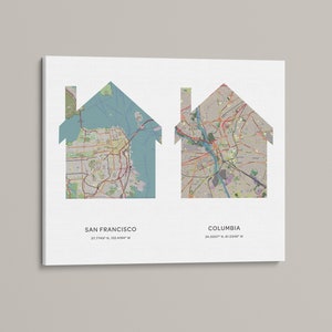 Custom House Map Print 2 Locations | Personalized Map Canvas | Custom ...