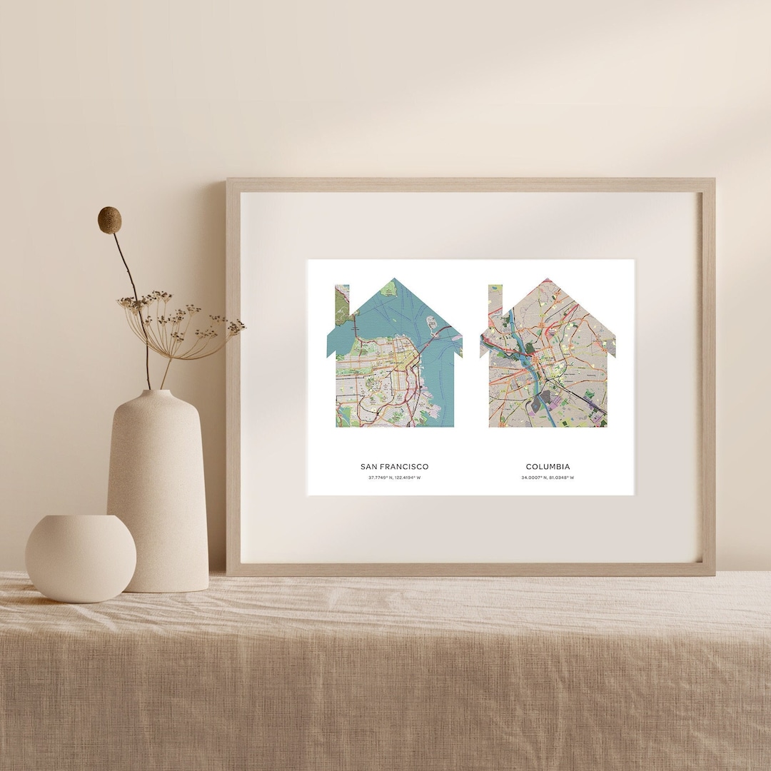 Custom House Map Print 2 Locations | Personalized Map Canvas | Custom ...