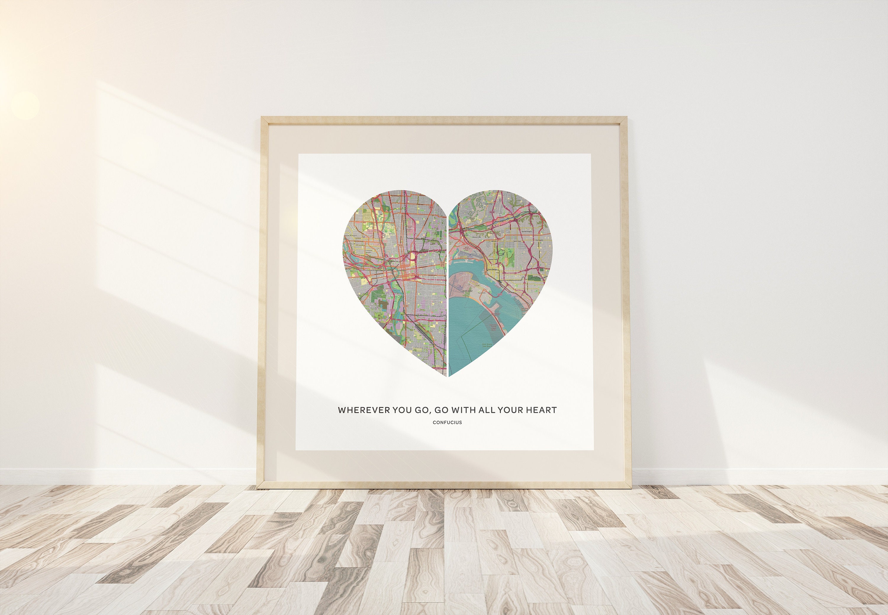 Custom Map Print 2 Locations Split Heart Personalized Map - Etsy