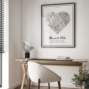 Custom Map Print 3 Locations Heart | Personalized Map Canvas ...