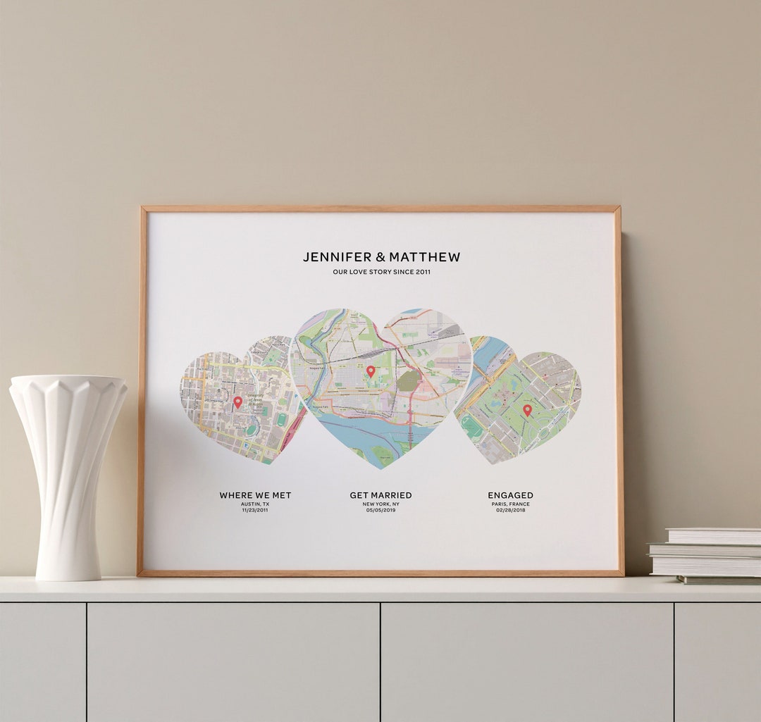 Hearts Map Personalized Print | Anniversary Gift Personalized Map Print ...