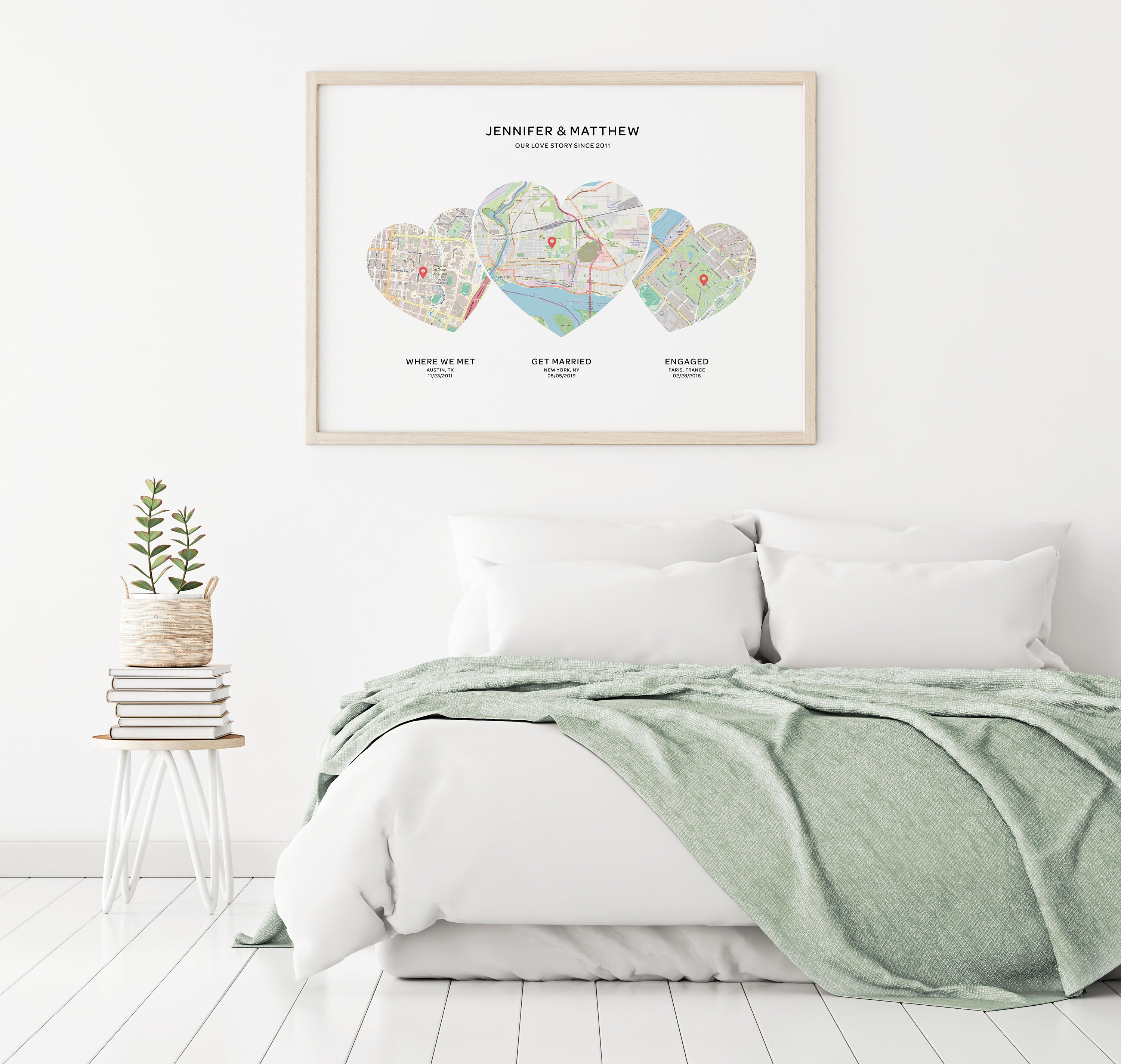 Hearts Map Personalized Print | Anniversary Gift Personalized Map Print ...