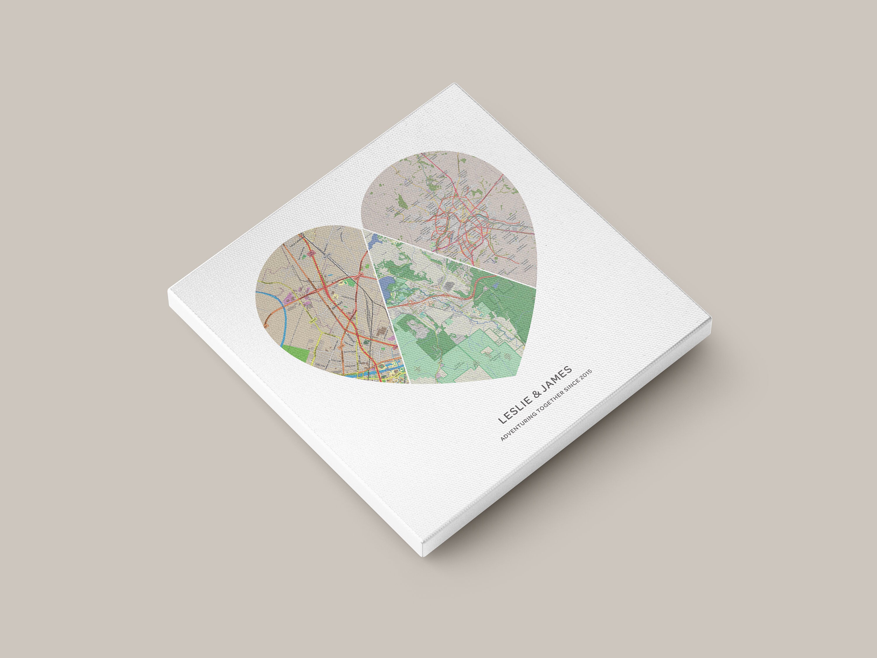Custom Map Print 3 Locations Heart Map | Personalized Map Canvas ...