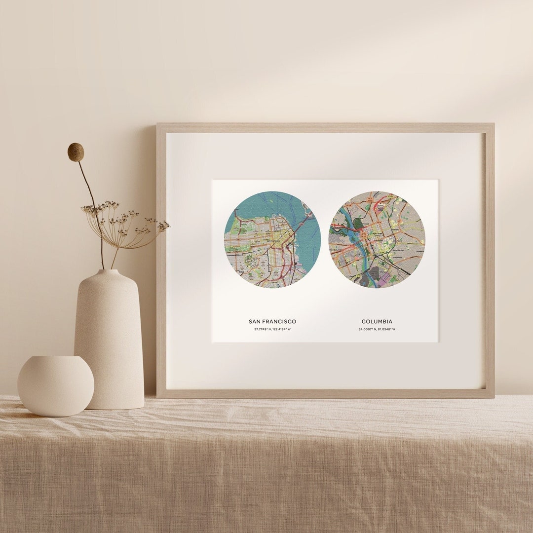 Custom Map Print 2 Locations | Personalized Map Canvas | Custom Map ...