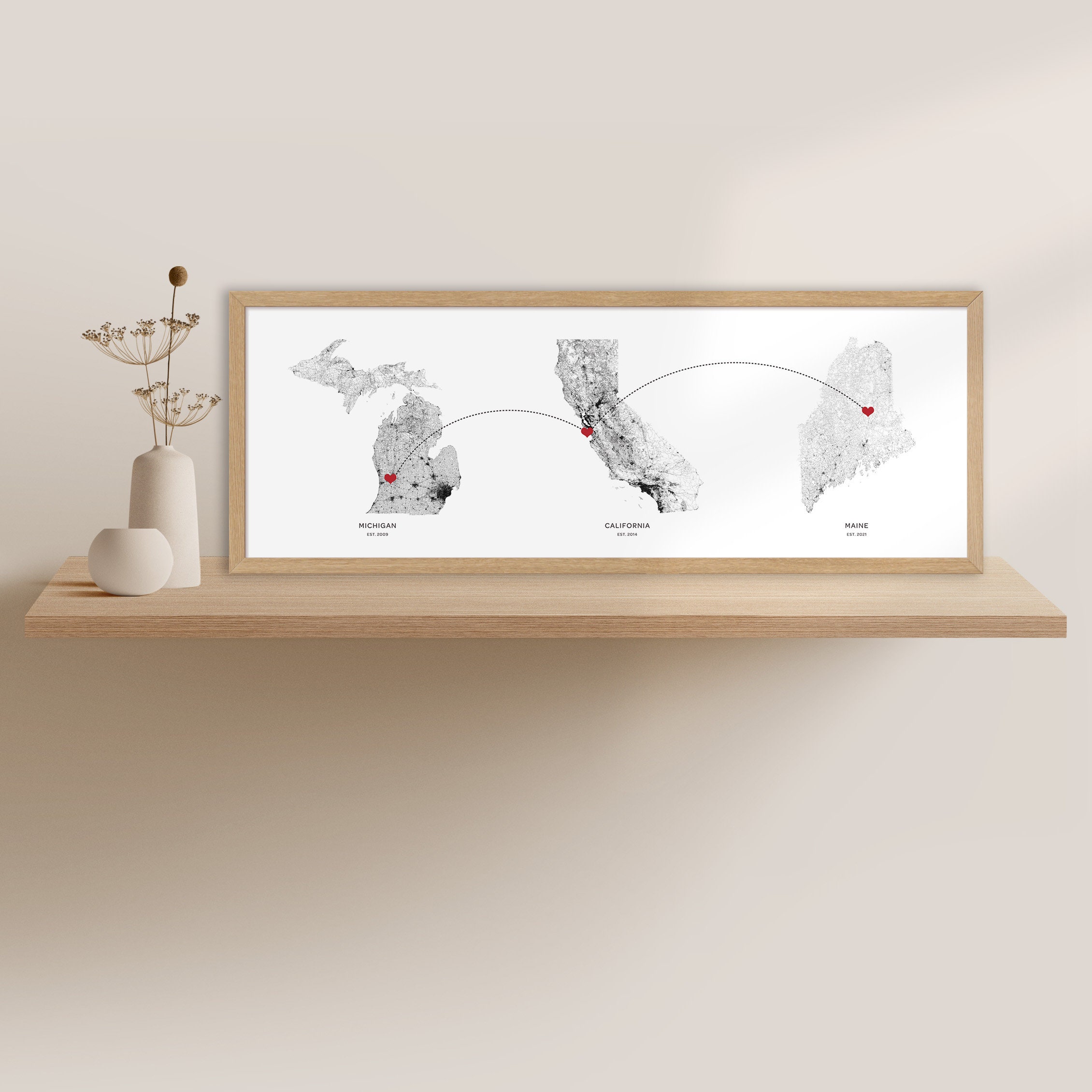 Custom States Map Print 3 Locations State to State | Etsy