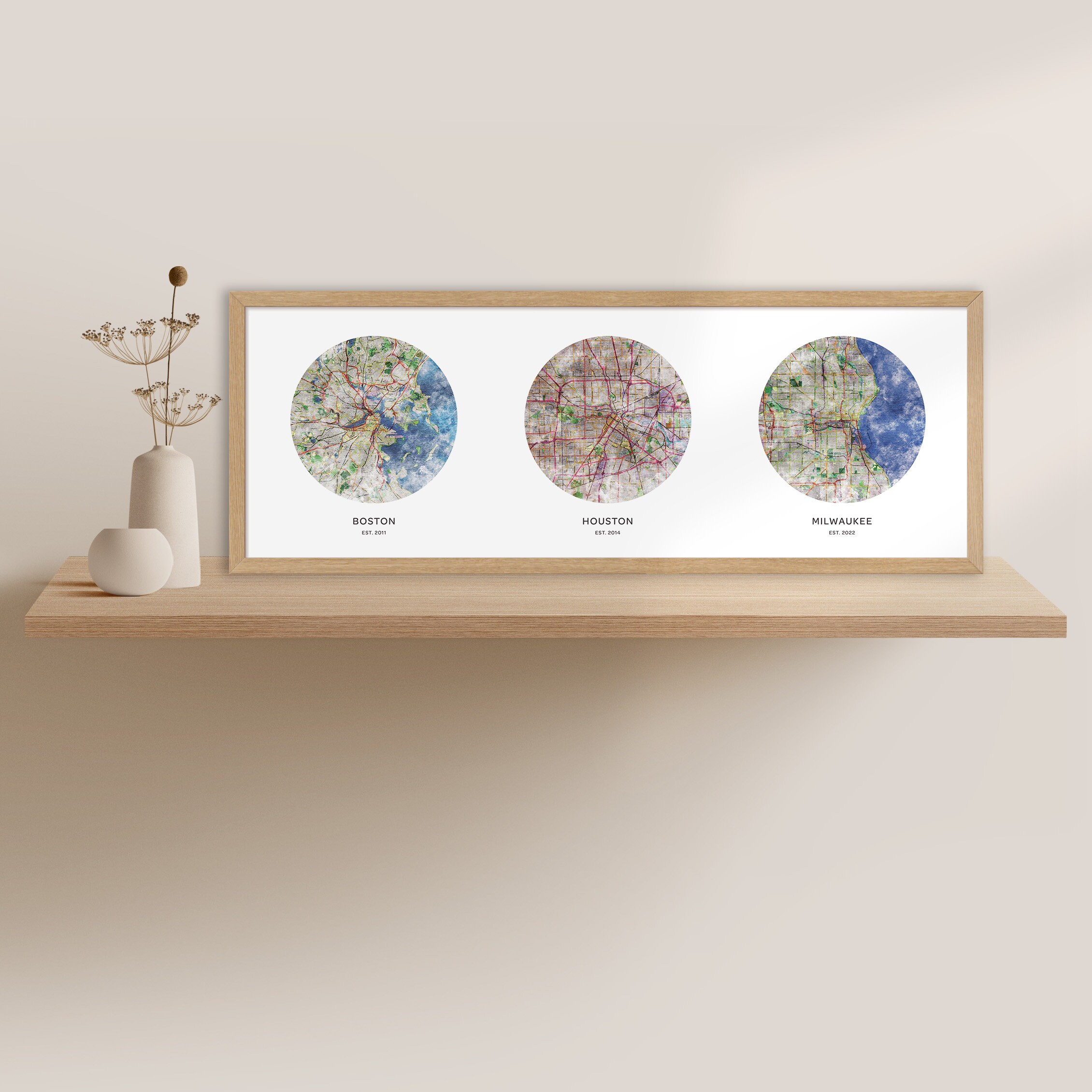 Custom Map Print 3 Locations Watercolor Maps Canvas Custom - Etsy