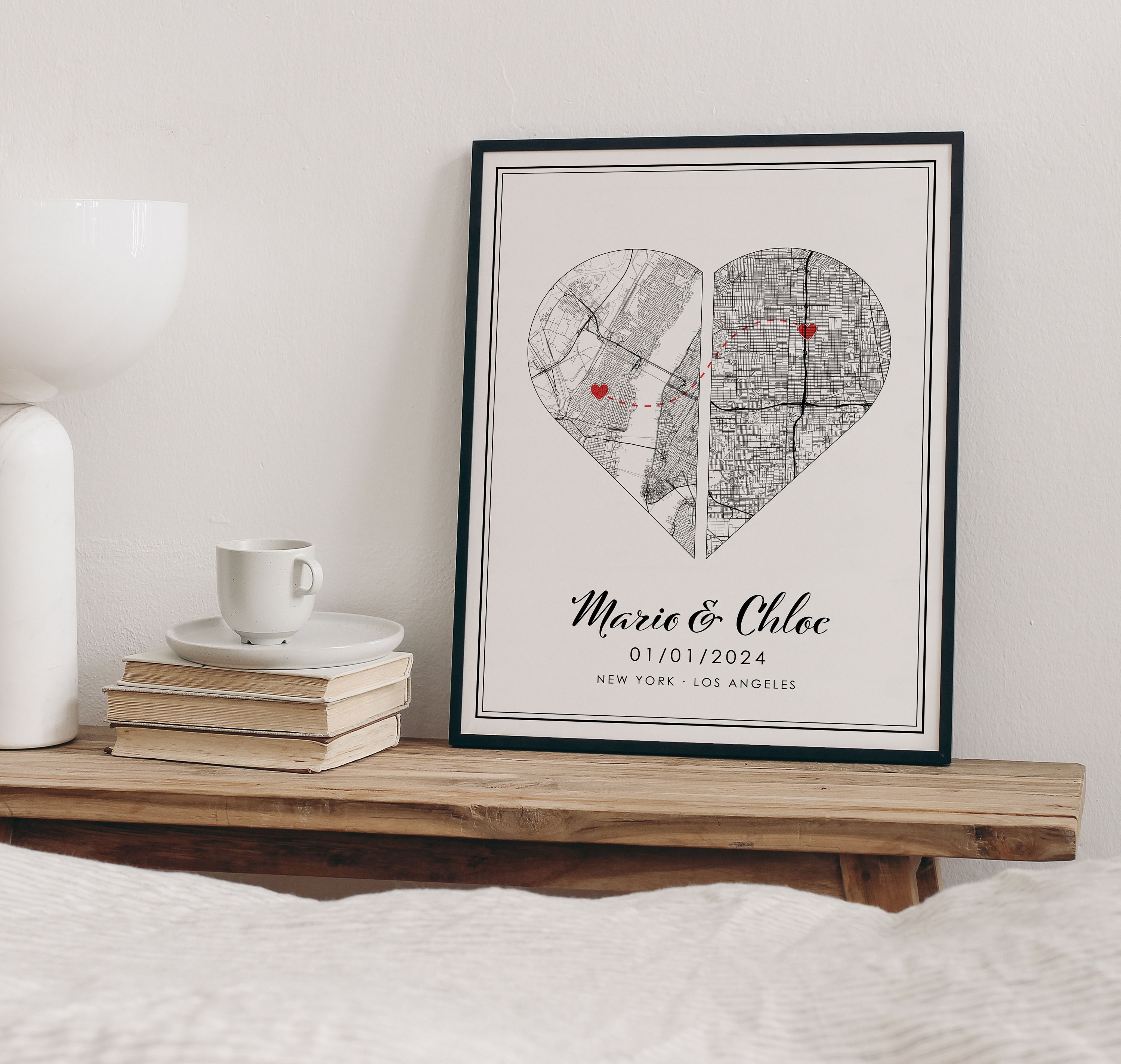 Custom Map Print 2 Locations Heart | Personalized Map Canvas ...