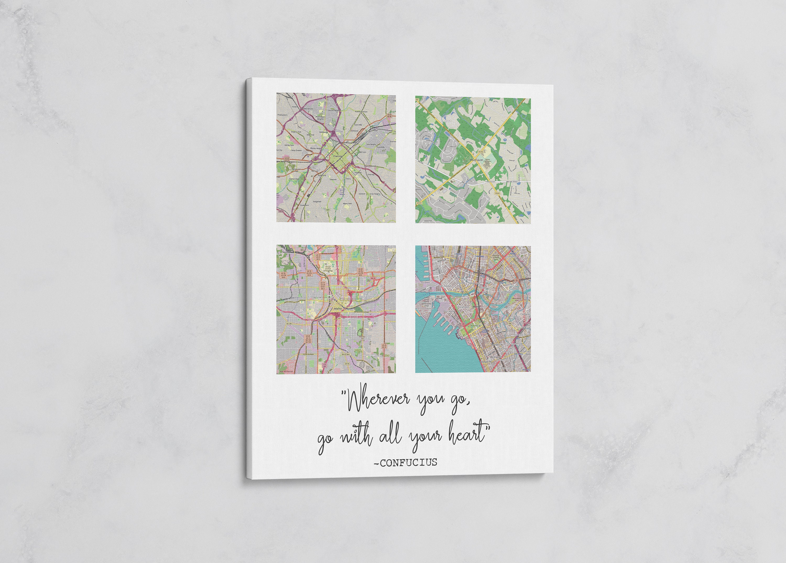 Personalized Map Print 4 Locations Squares Map Canvas | Etsy
