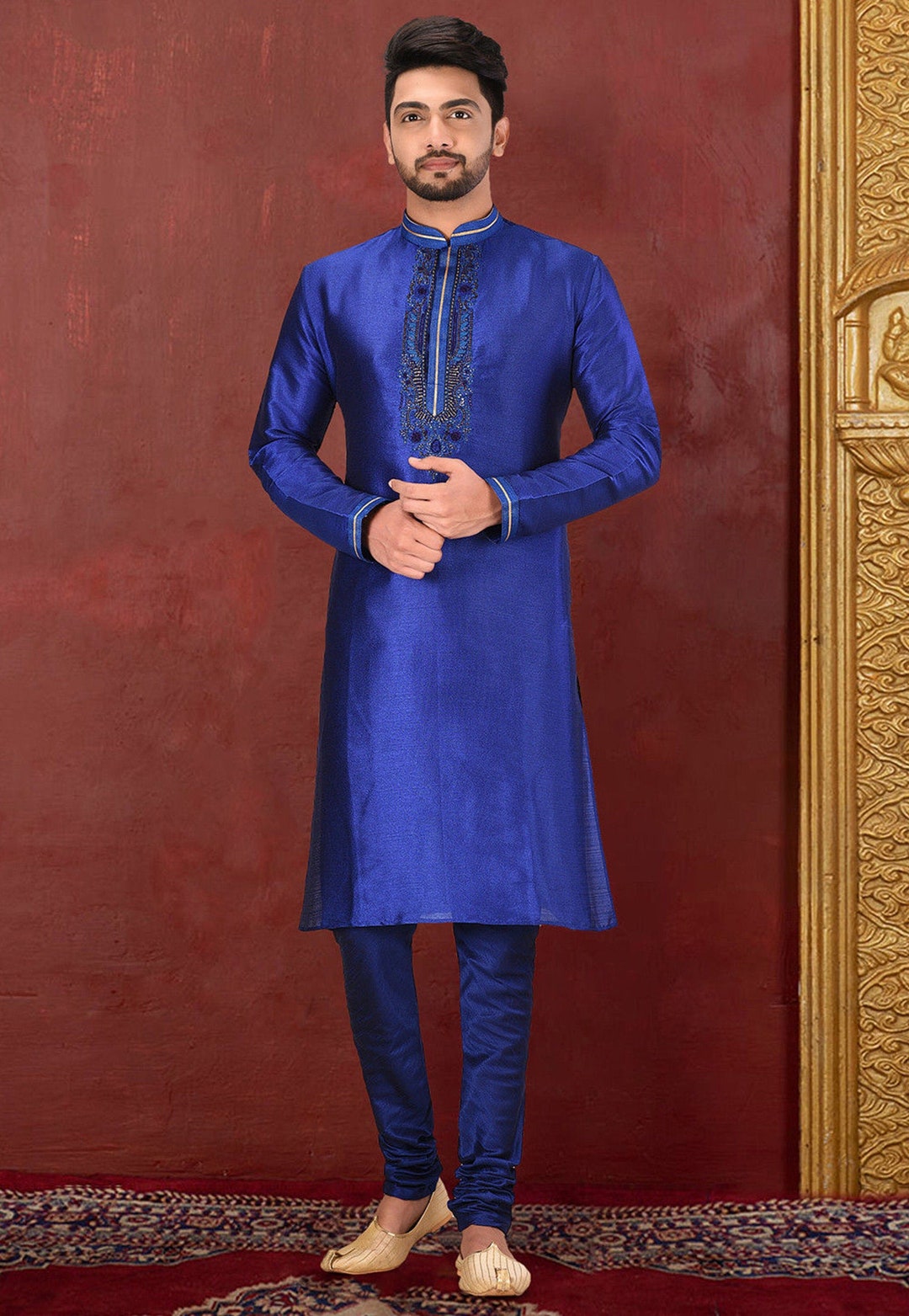 Blue Kurta Pajama Men Blue Kurta Set Groomsmen Kurta Silk Kurta Men ...