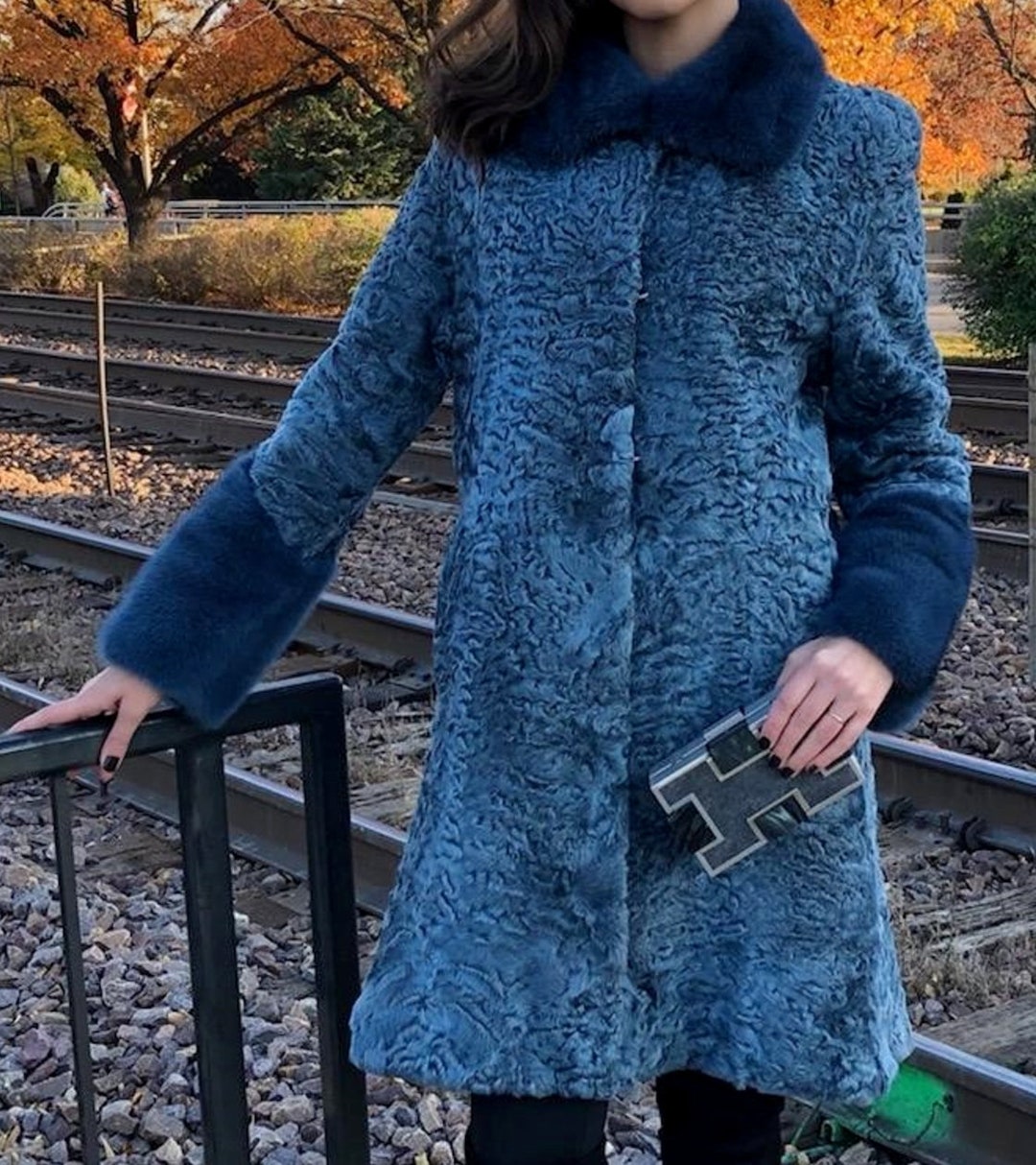 Women's Blue Real Broad Tail Persian Lamb Fur Jacket Coat Peter Pan ...