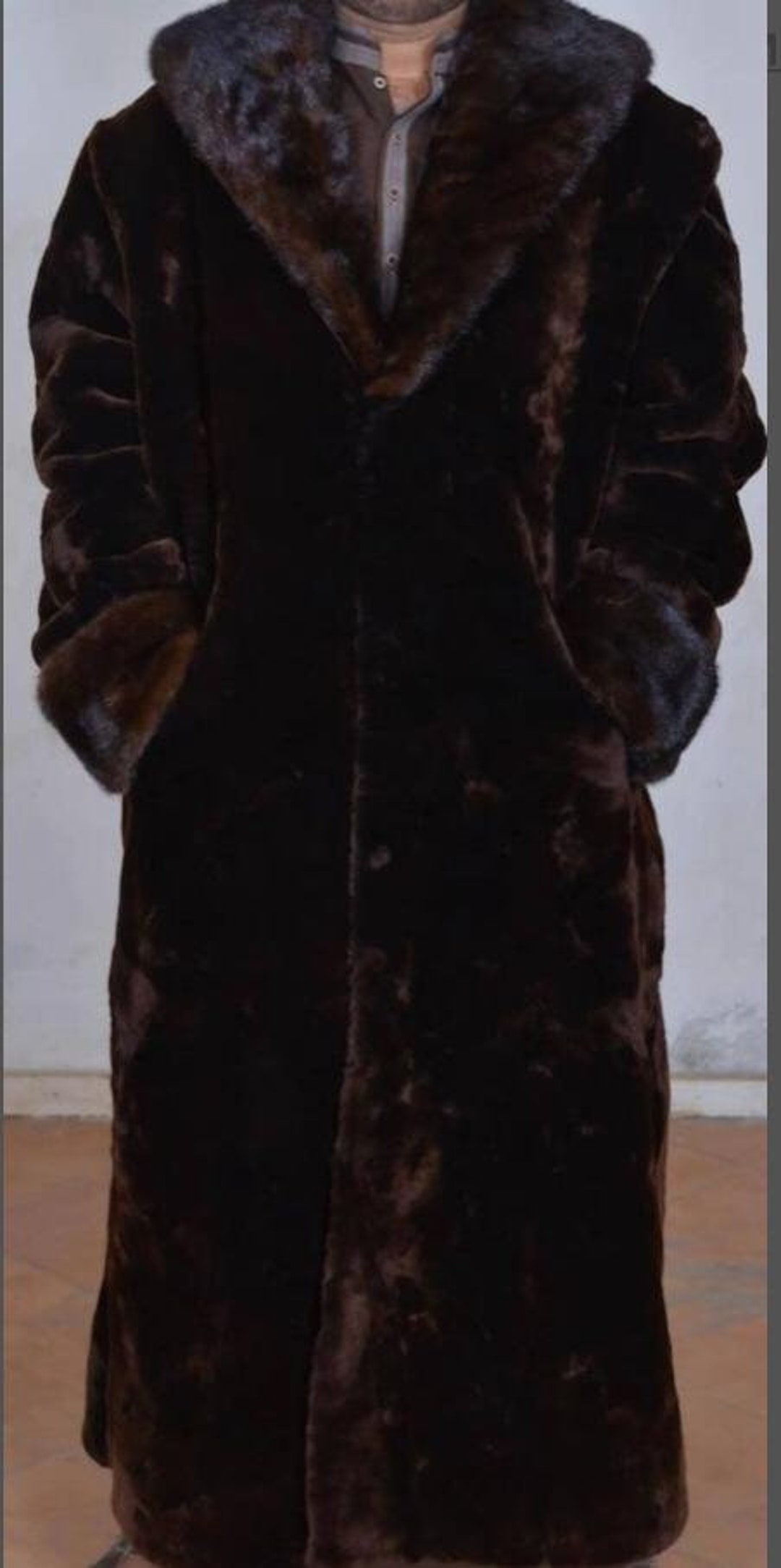 Men's Brown New Real Mouton Lamb Fur Real Sheared Beaver Fur Long Maxi ...