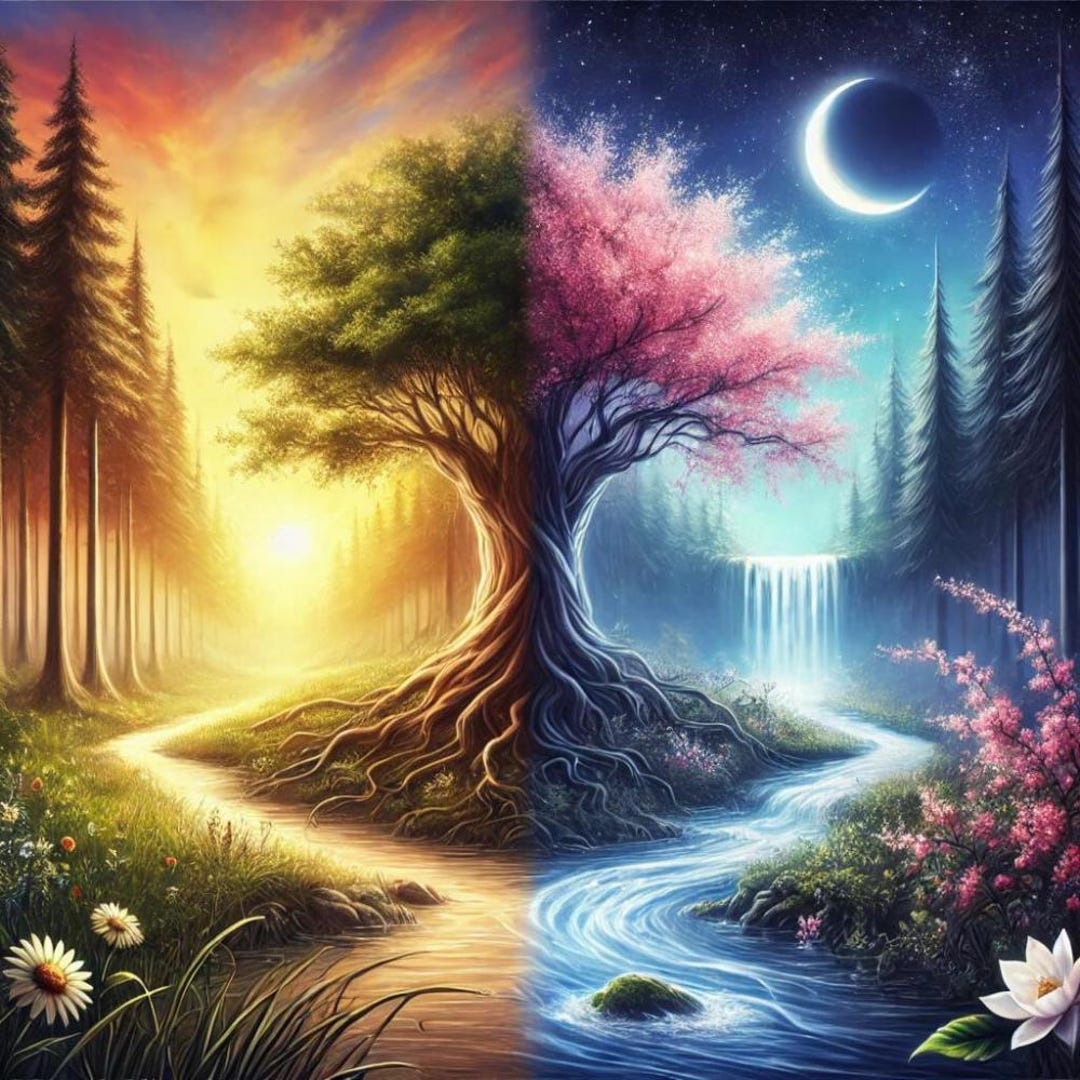 Tree of Duality: Day and Night in Harmony, Tree Art, AI Generated Art ...