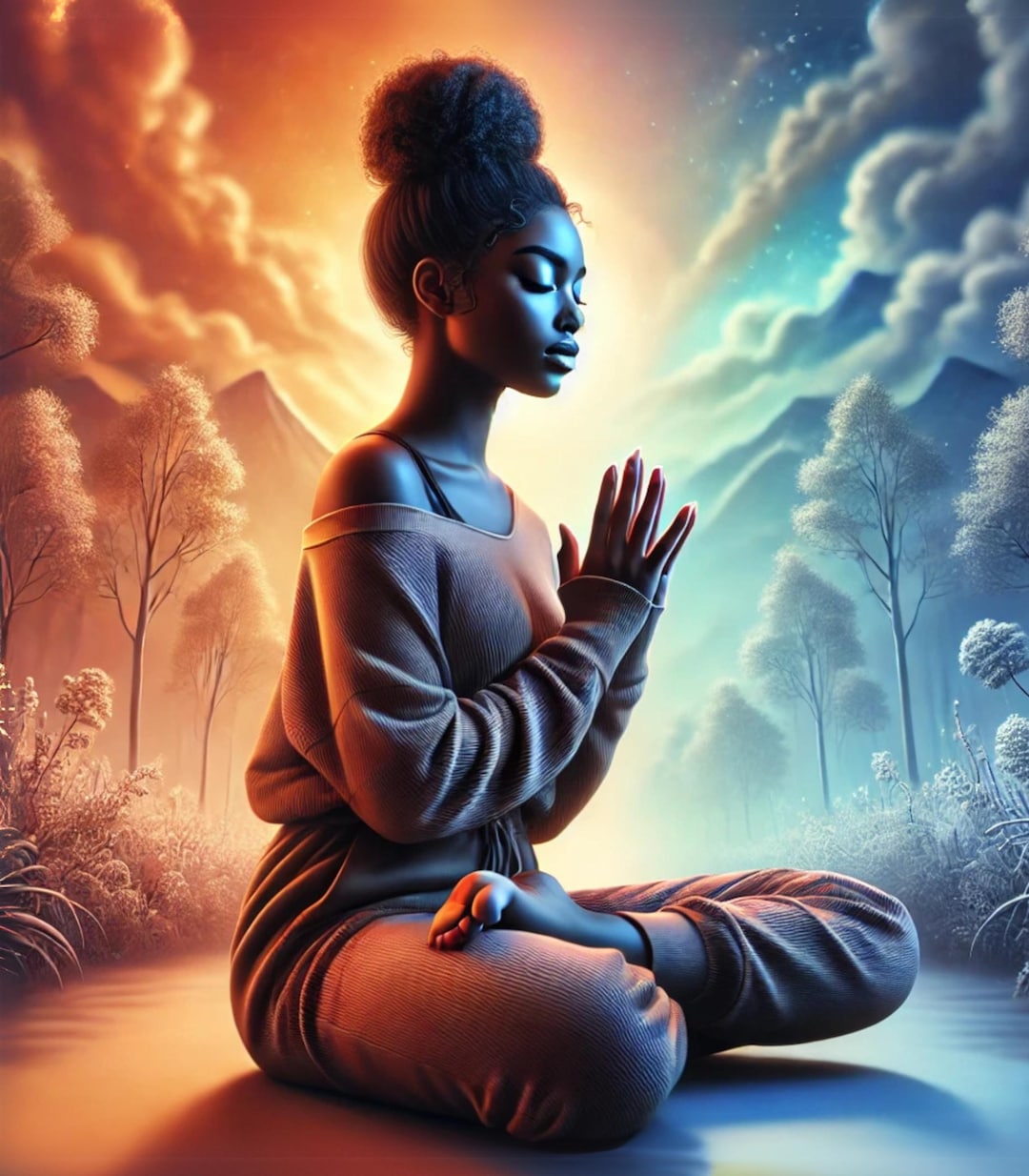 Black Woman Meditation Art - Mindfulness & Balance Digital Wall Art ...
