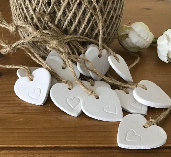 6 Small white clay heart tags | Etsy