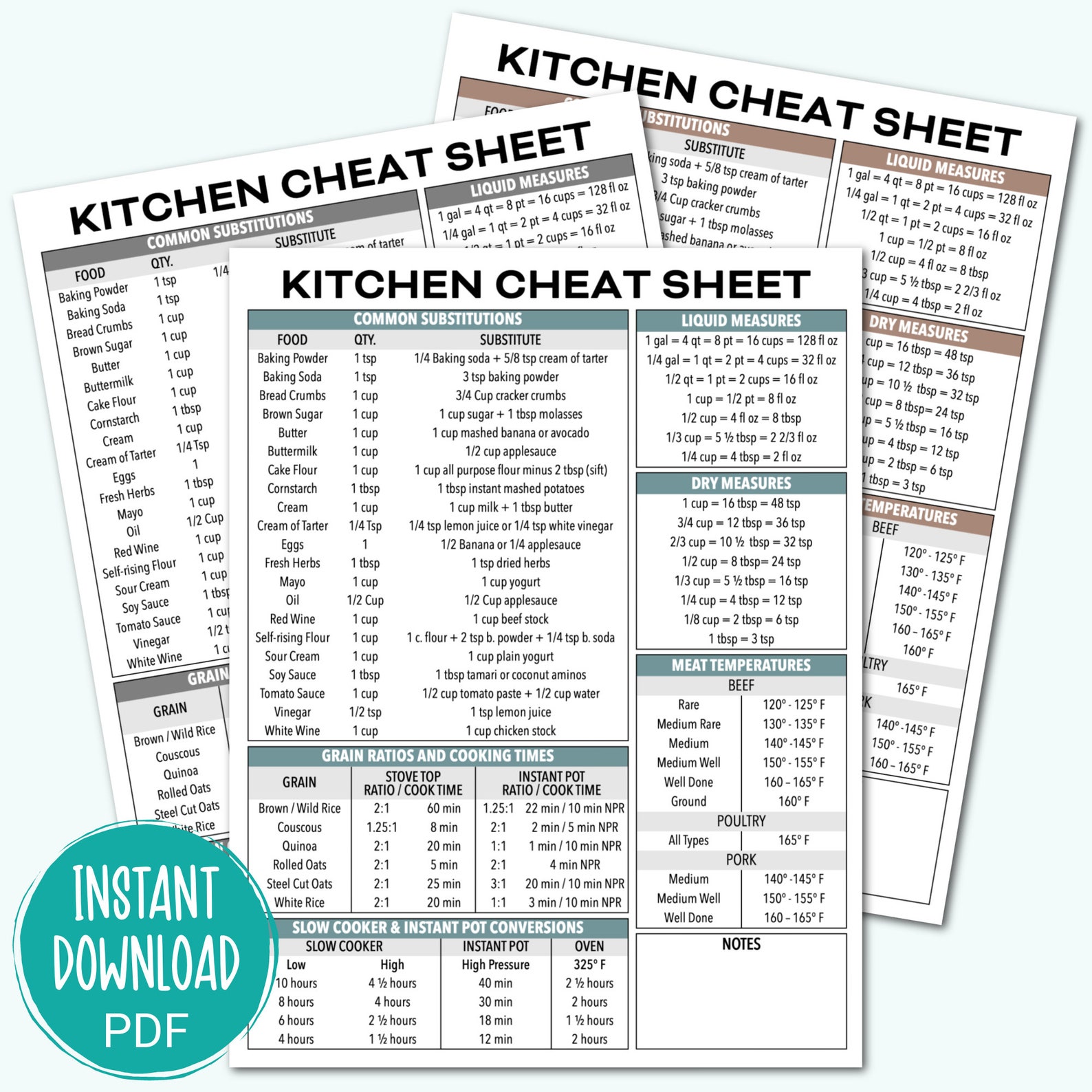 Printable Kitchen Cheat Sheet - Kitchen Conversion Chart - Kitchen ...