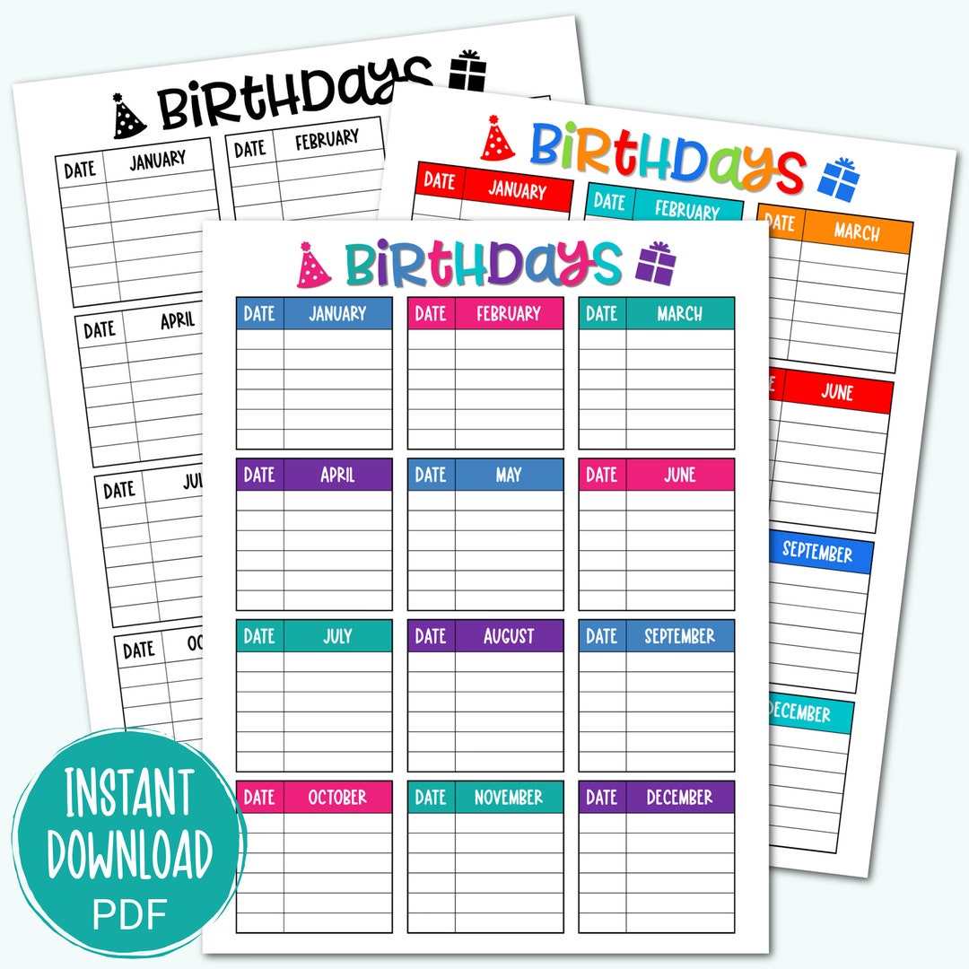 Birthday Tracker - Printable Birthday List - Digital Birthday Planner ...