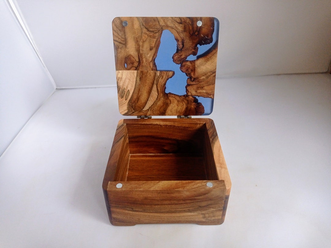 Handcrafted Small Walnut Wood and Blue Epoxy Resin Box. Jewelry Storage ...