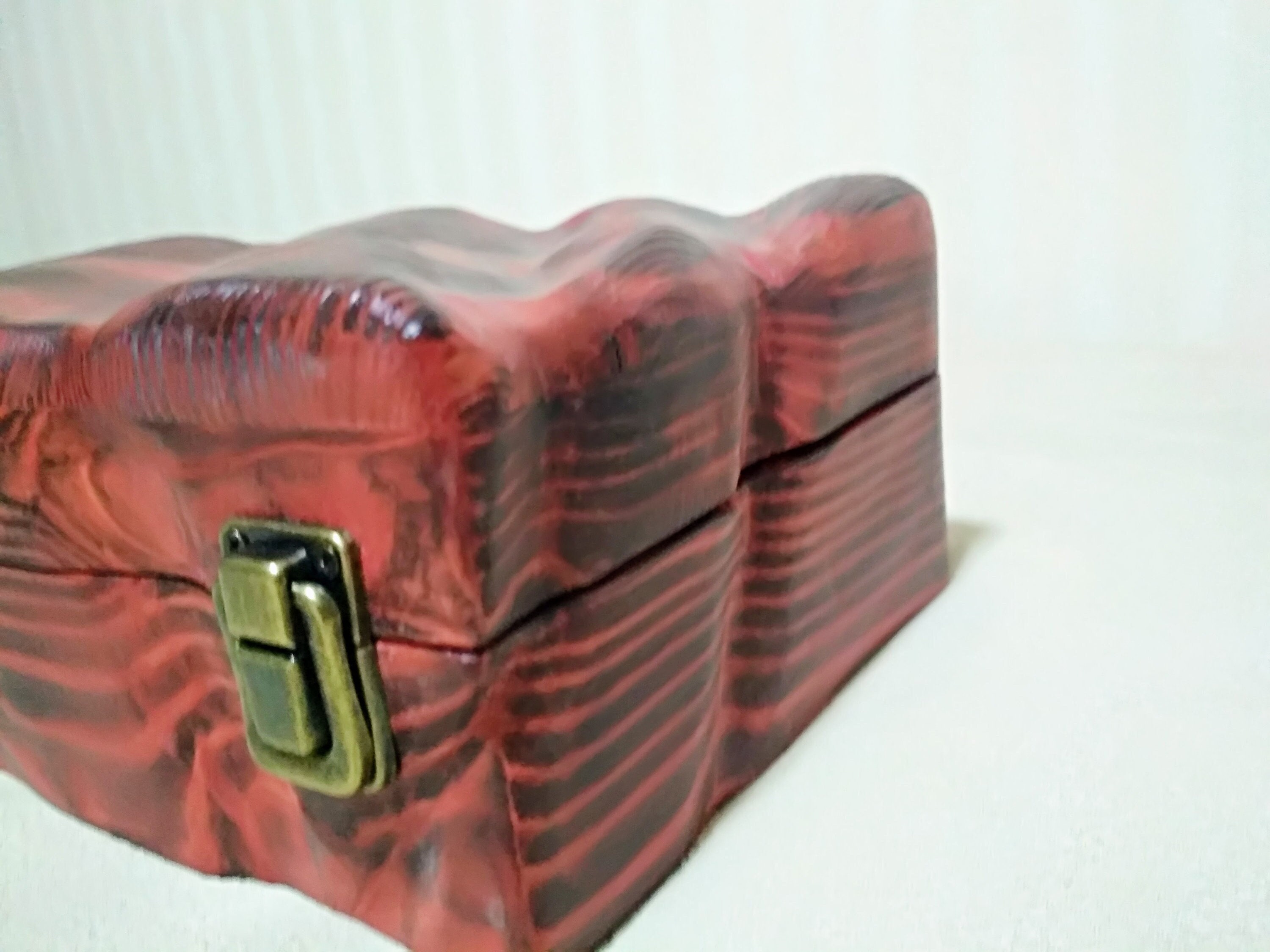 Handmade Figured Pine Wood Box. Red and Black Wood Jewelry Box. Fancy ...
