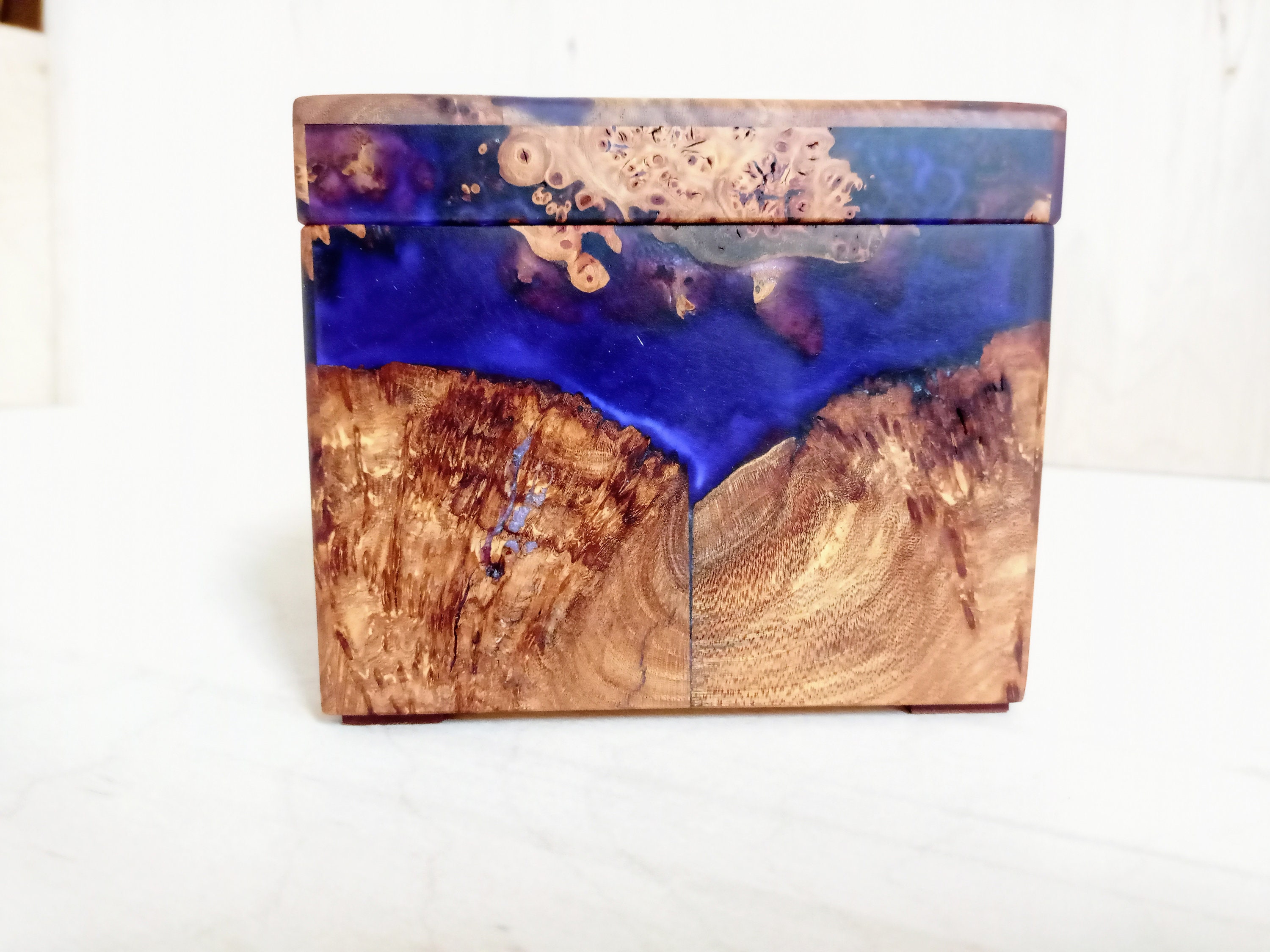 Handmade Burl Wood and Deep Blue Epoxy Resin Box, Fancy Keepsake Box ...