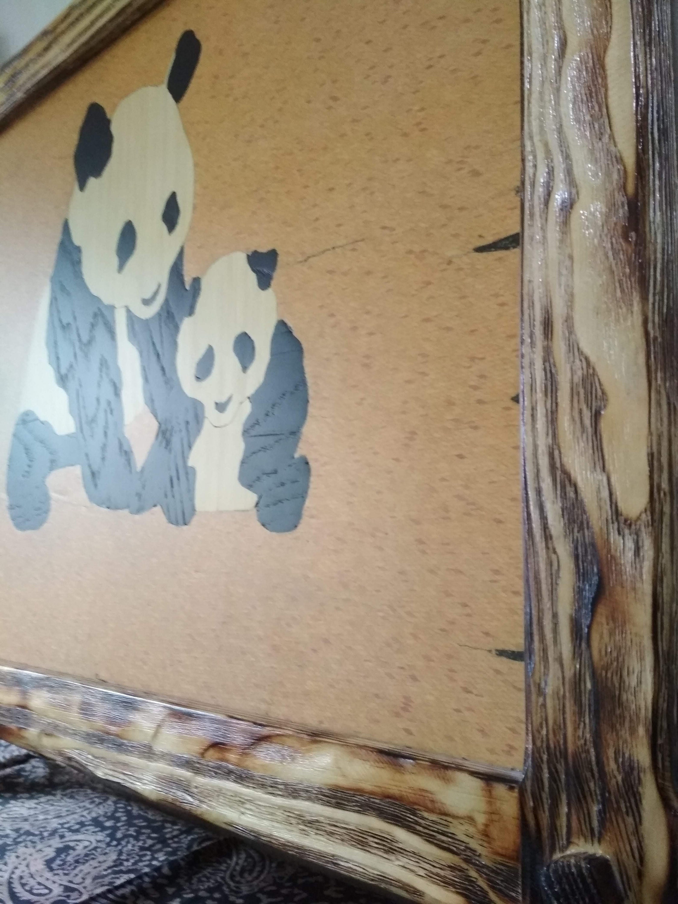 Pandas family Carved Wood Marquetry Picture. Wood mosaic. - Etsy Polska