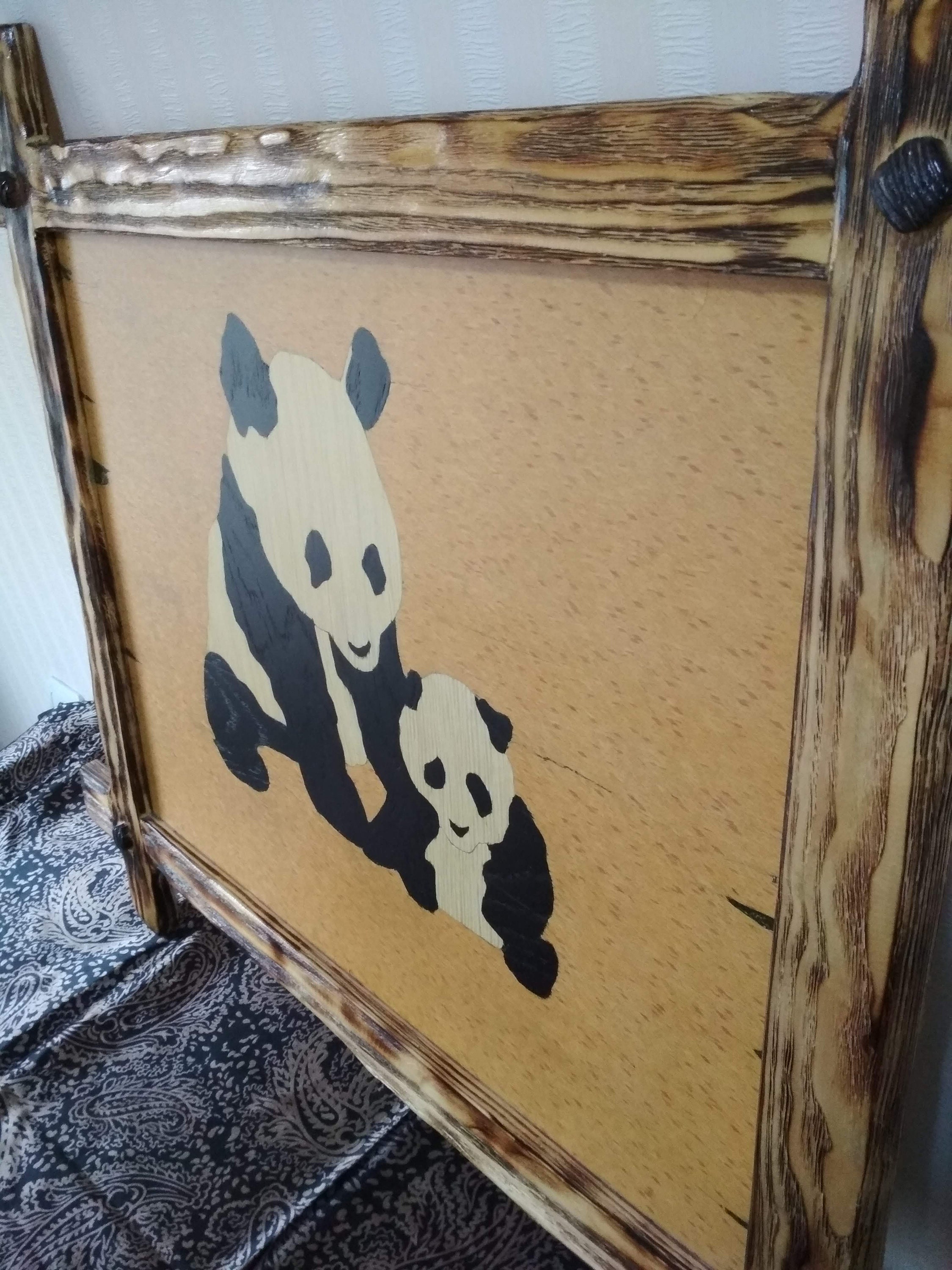 Pandas family Carved Wood Marquetry Picture. Wood mosaic. Panda wood ...