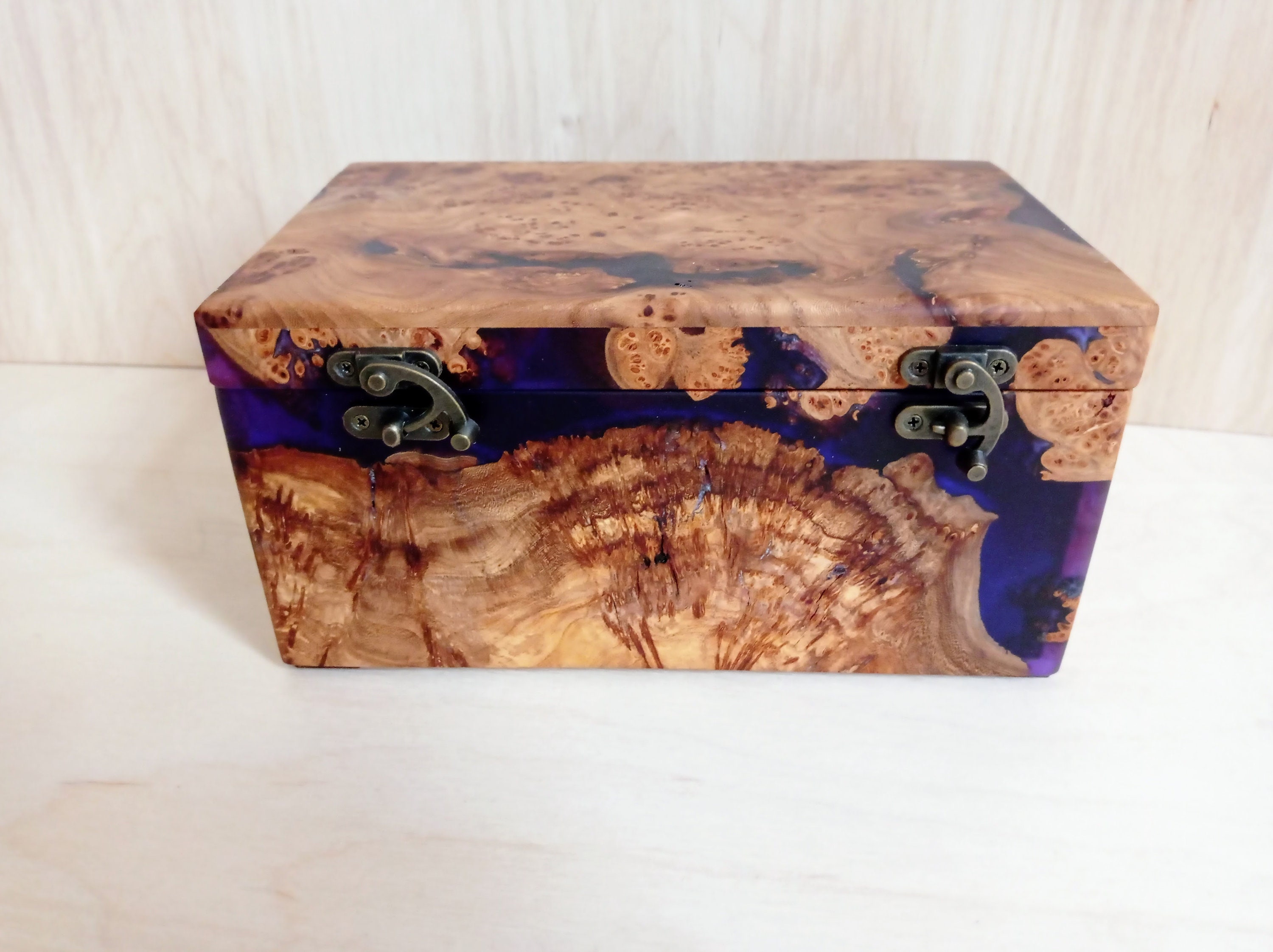 Handmade Burl Wood and Deep Blue Epoxy Resin Box, Fancy Keepsake Box ...