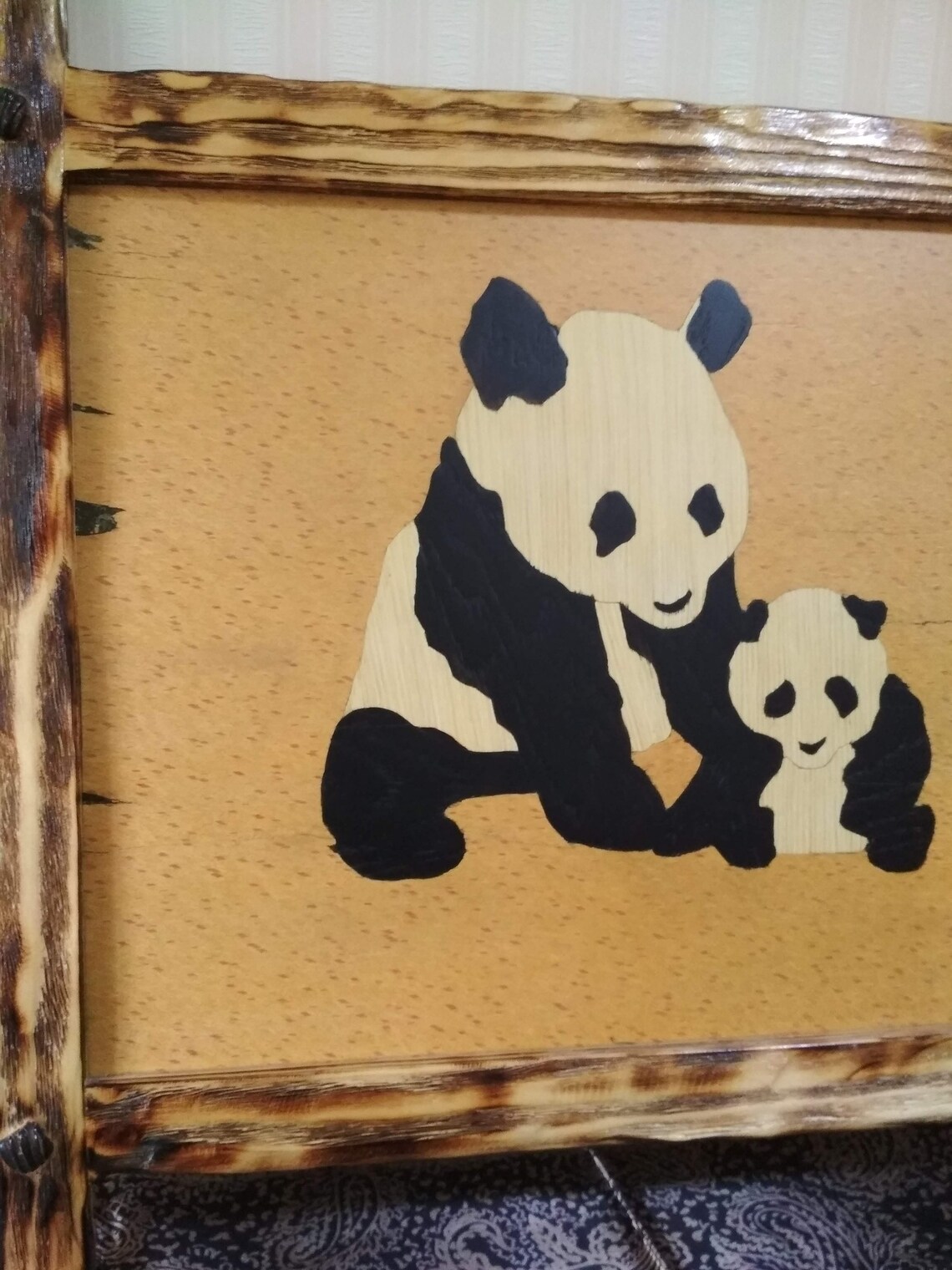 Pandas family Carved Wood Marquetry Picture. Wood mosaic. - Etsy Polska