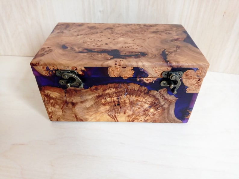 Handmade Burl Wood and Deep Blue Epoxy Resin Box, Fancy Keepsake Box ...