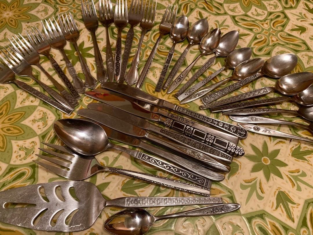 The Ultimate Floral Mismatched Flatware Set!! 34 Piece Vintage Stainless Flatware 6 Person ...