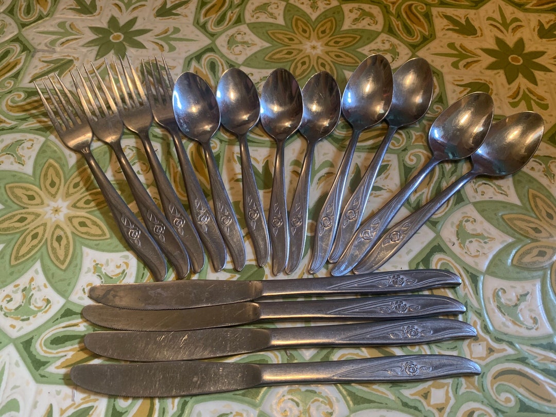 Beautiful Rose Pattern 16 Piece 4 Person Setting Vintage Stainless ...