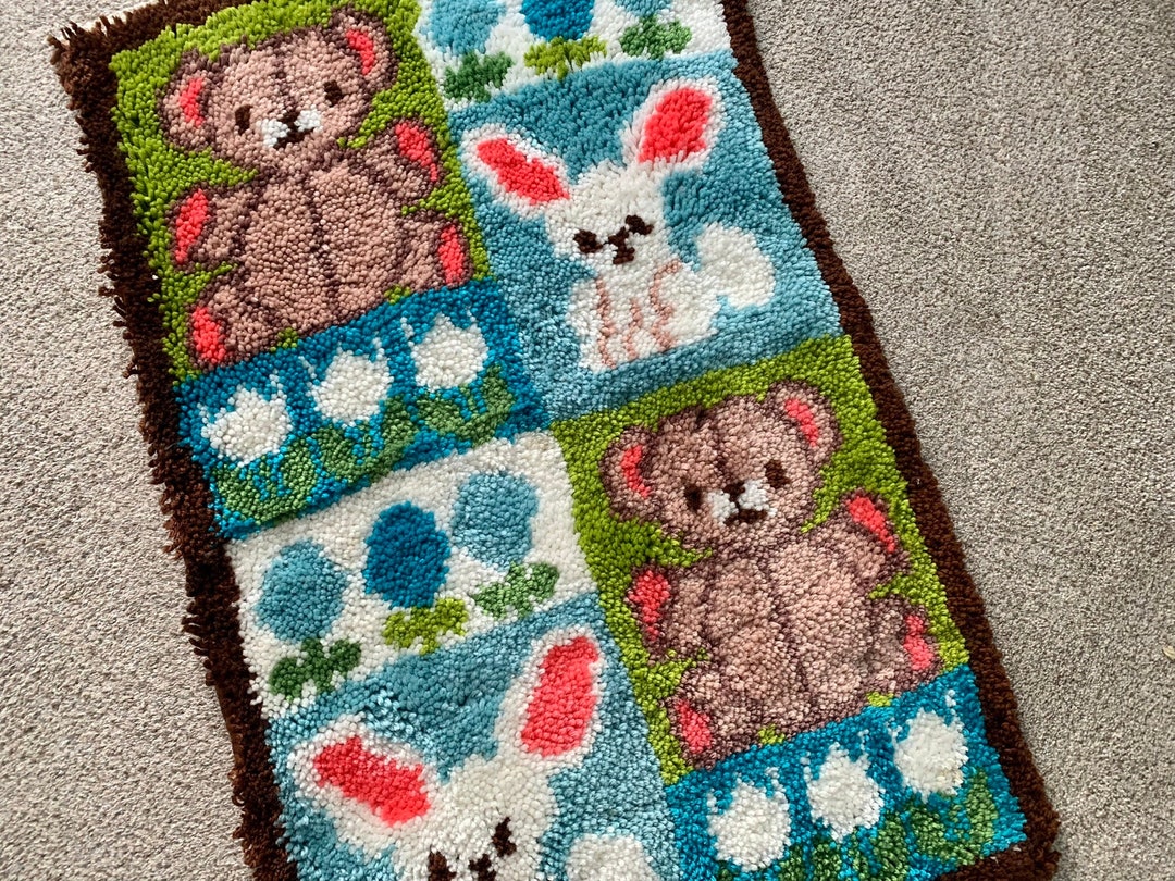 Adorable Vintage Completed Latch Hook Teddy Bears and Rabbits Floral ...