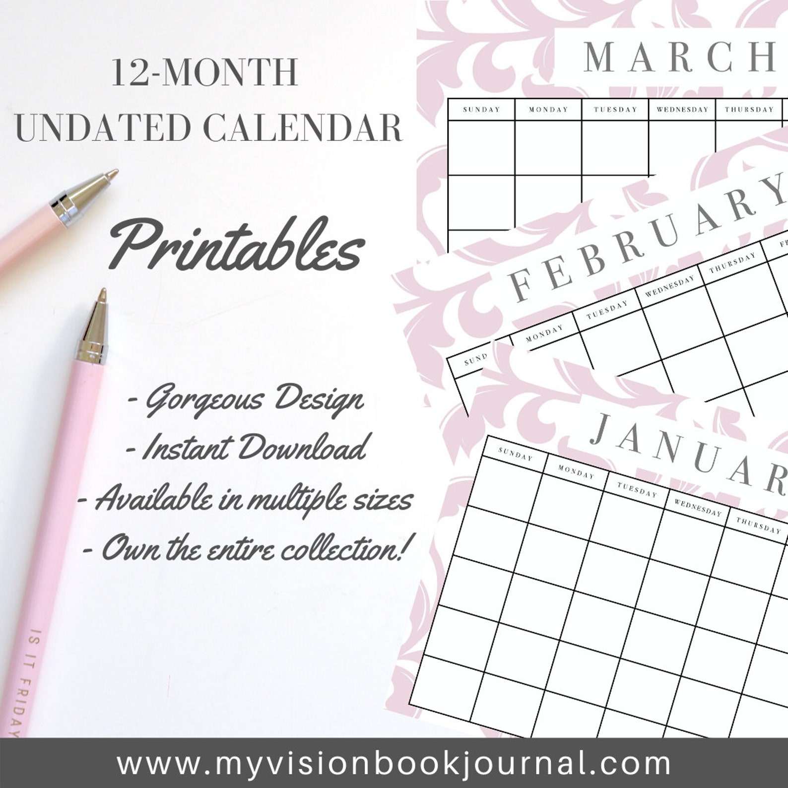 12-month Undated Calendar Printables - Instant Download - A4, A5, US ...