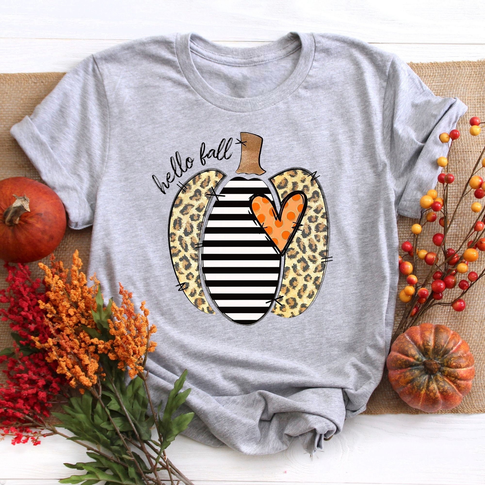 Hello Fall Shirt Fall Shirt Leopard Shirt Pumpkins Shirt Etsy