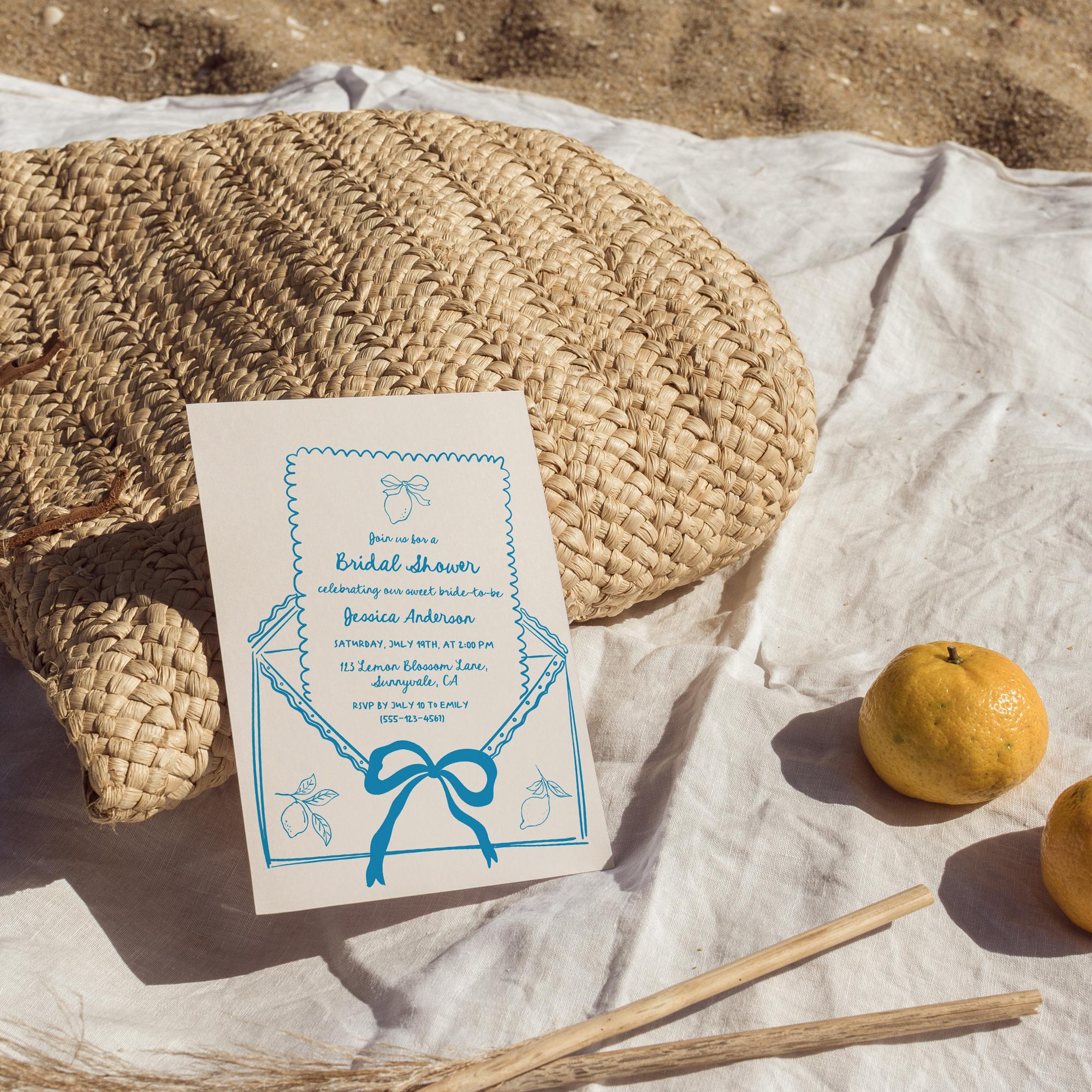 Editable Lemon Bridal Shower Invitation - Hand Drawn Mediterranean ...