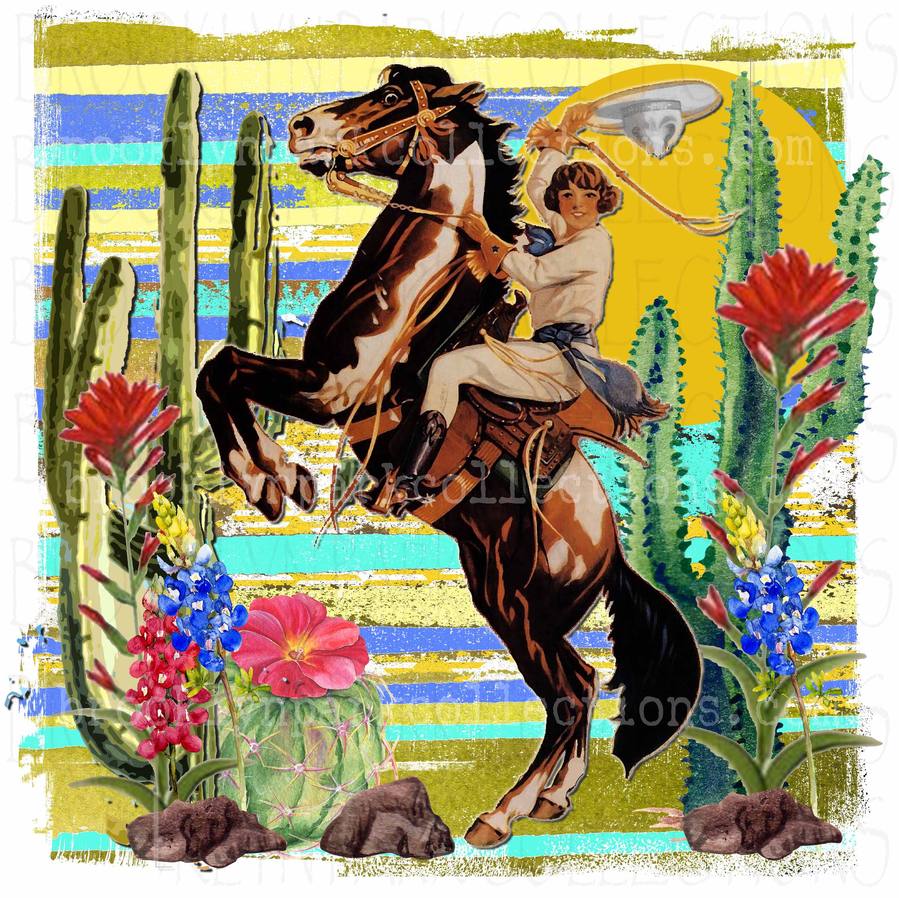 Rodeo Cowgirl Cactus Flowers Horse Art Graphics | Etsy