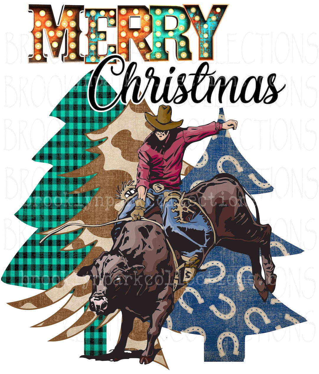 Merry Christmas, Rodeo, Bull Rider, Cowboy, Marquee, SUBLIMATION ...