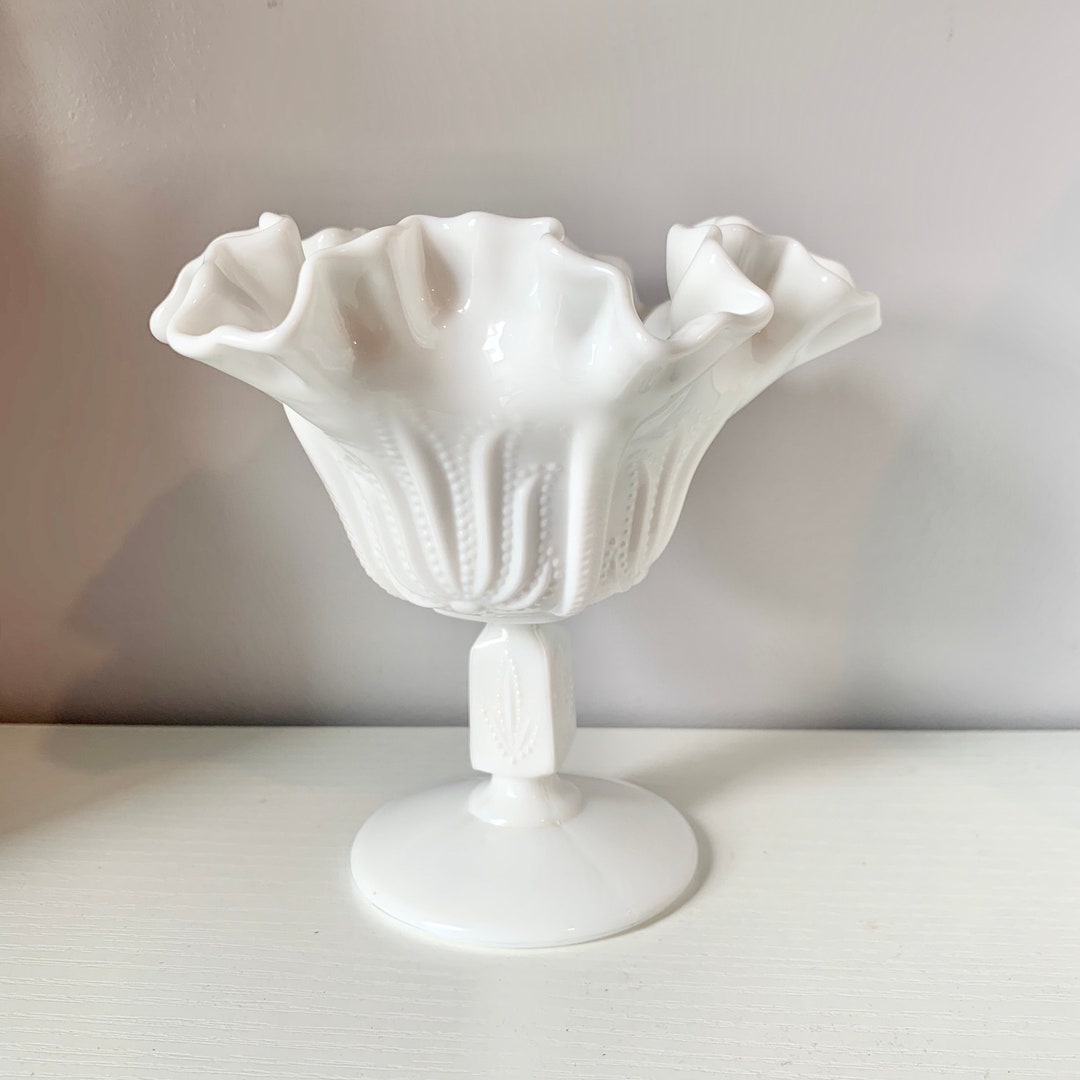 Fenton Cactus/ Lotus Flower Ruffled Milk Glass Pedestal - Etsy