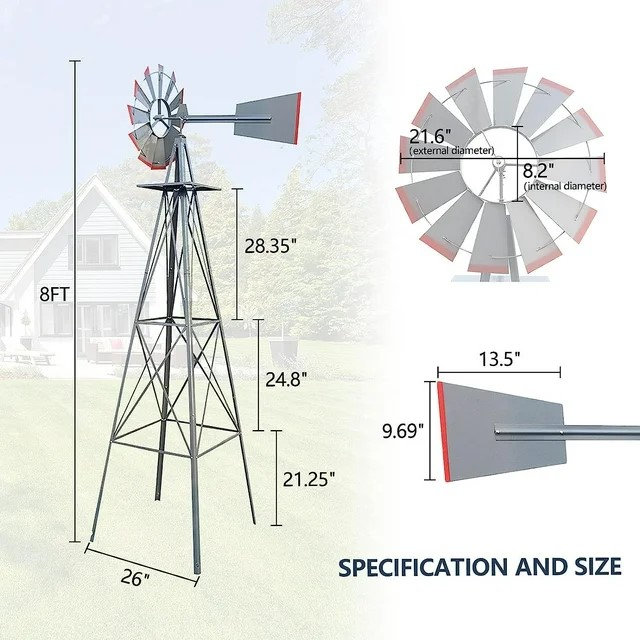 Windmill 8FT Weather Resistant Garden / Yard Metal Ornamental Wind Mill ...