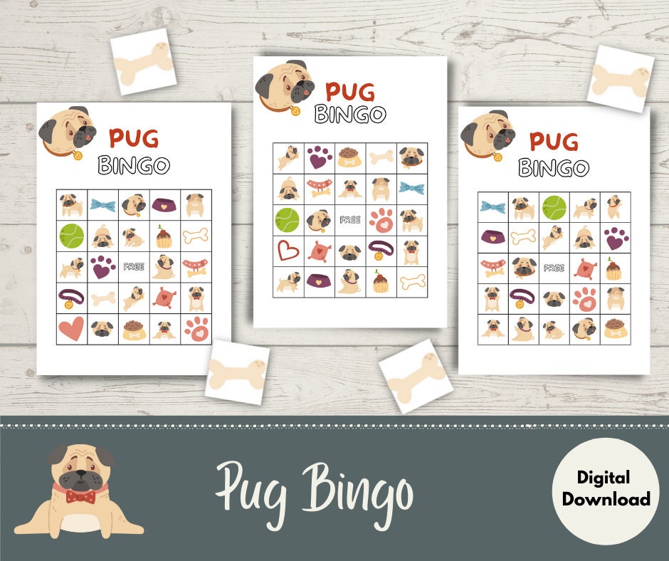 Dog Bingo, Pug Bingo Game, Pug Printable, Pug Party, Kids Bingo ...