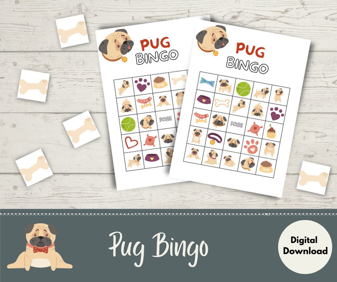 Dog Bingo, Pug Bingo Game, Pug Printable, Pug Party, Kids Bingo ...