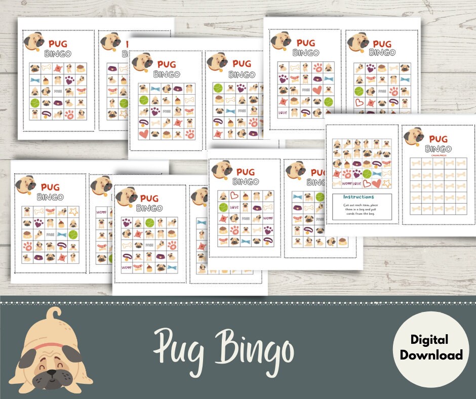 Dog Bingo, Pug Bingo Game, Pug Printable, Pug Party, Kids Bingo ...