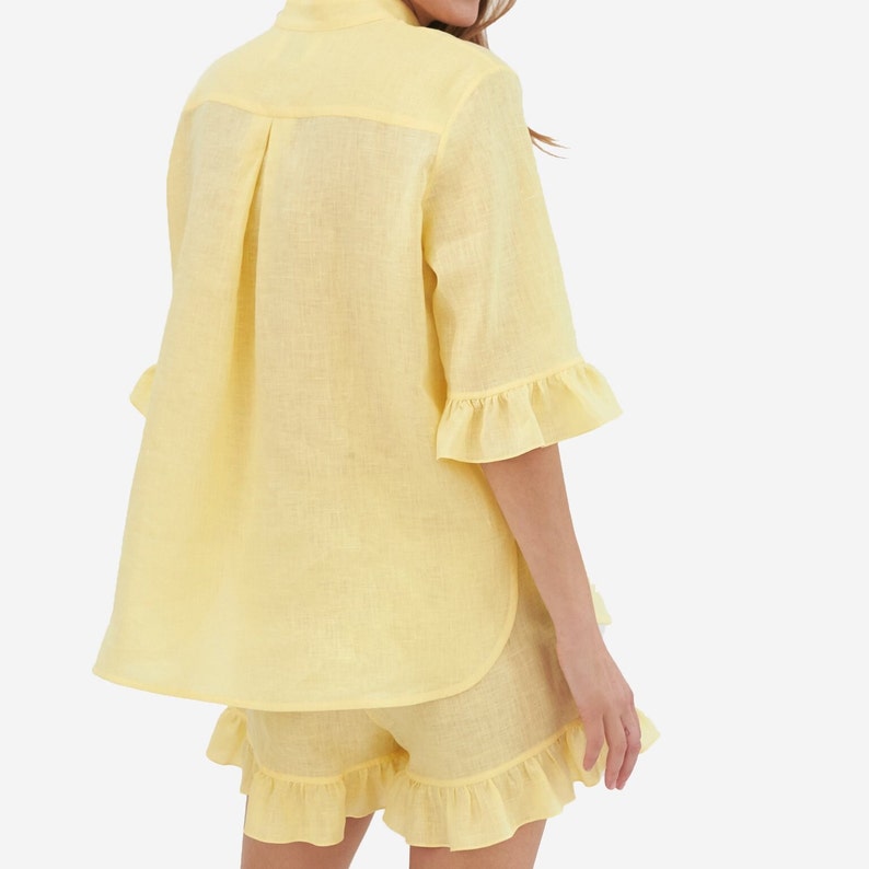 Pastel Yellow Linen Pajama Set, Linen Ruffle Shorts and Shirts, Light ...
