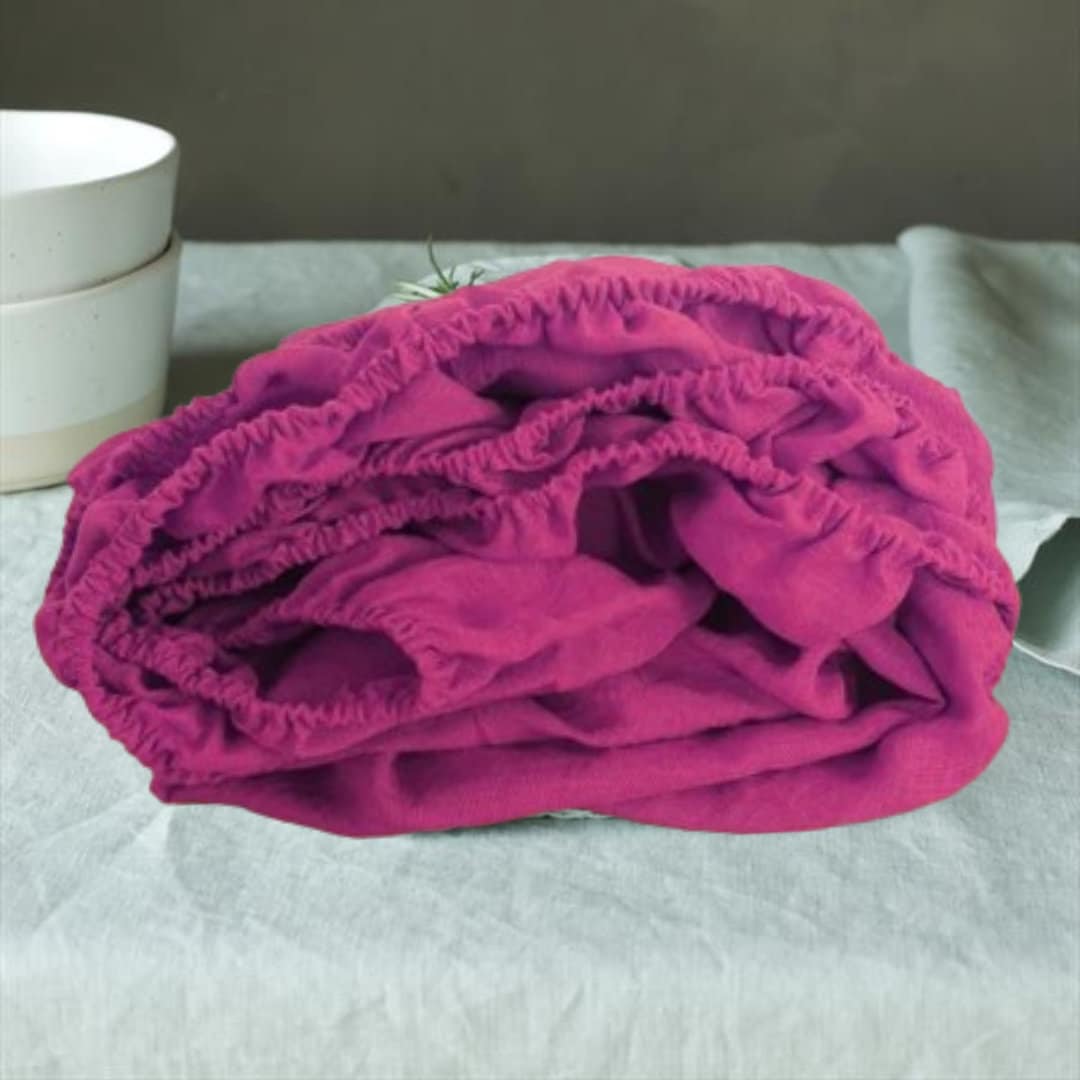 Magenta Pure Linen Fitted Sheet, Fuchsia Pink Washed Linen Fitted Sheet ...
