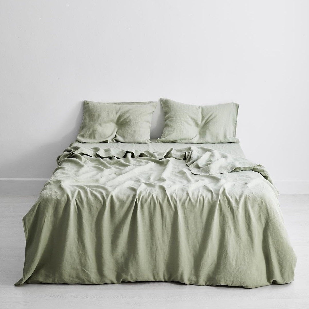 Sage Green Soft Cotton Flat Sheet, Light Green Bedding Set, Stonewashed ...