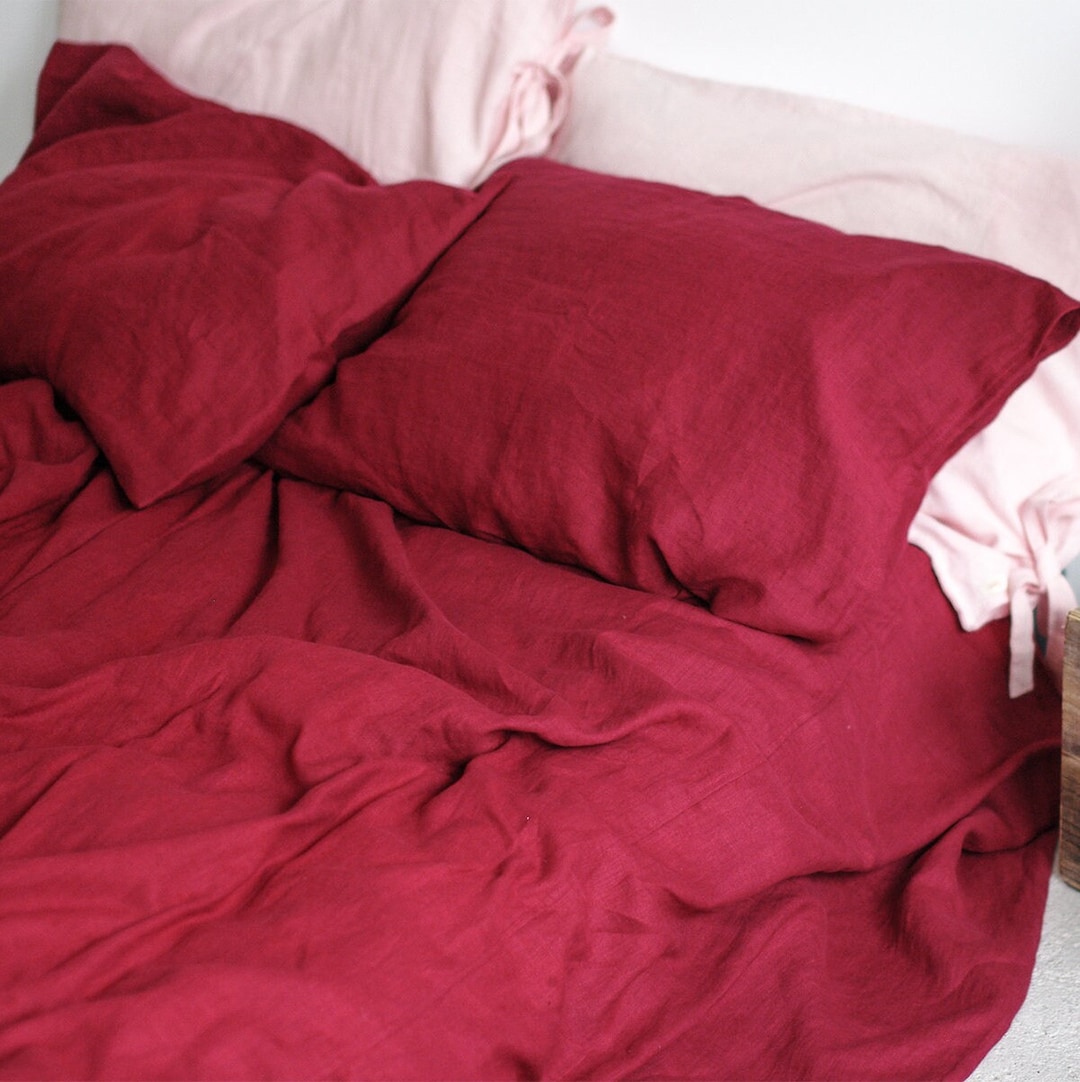 4 Pcs Cherry Red Linen Bedding Set, Pure Linen Red Fitted Sheet, Soft ...