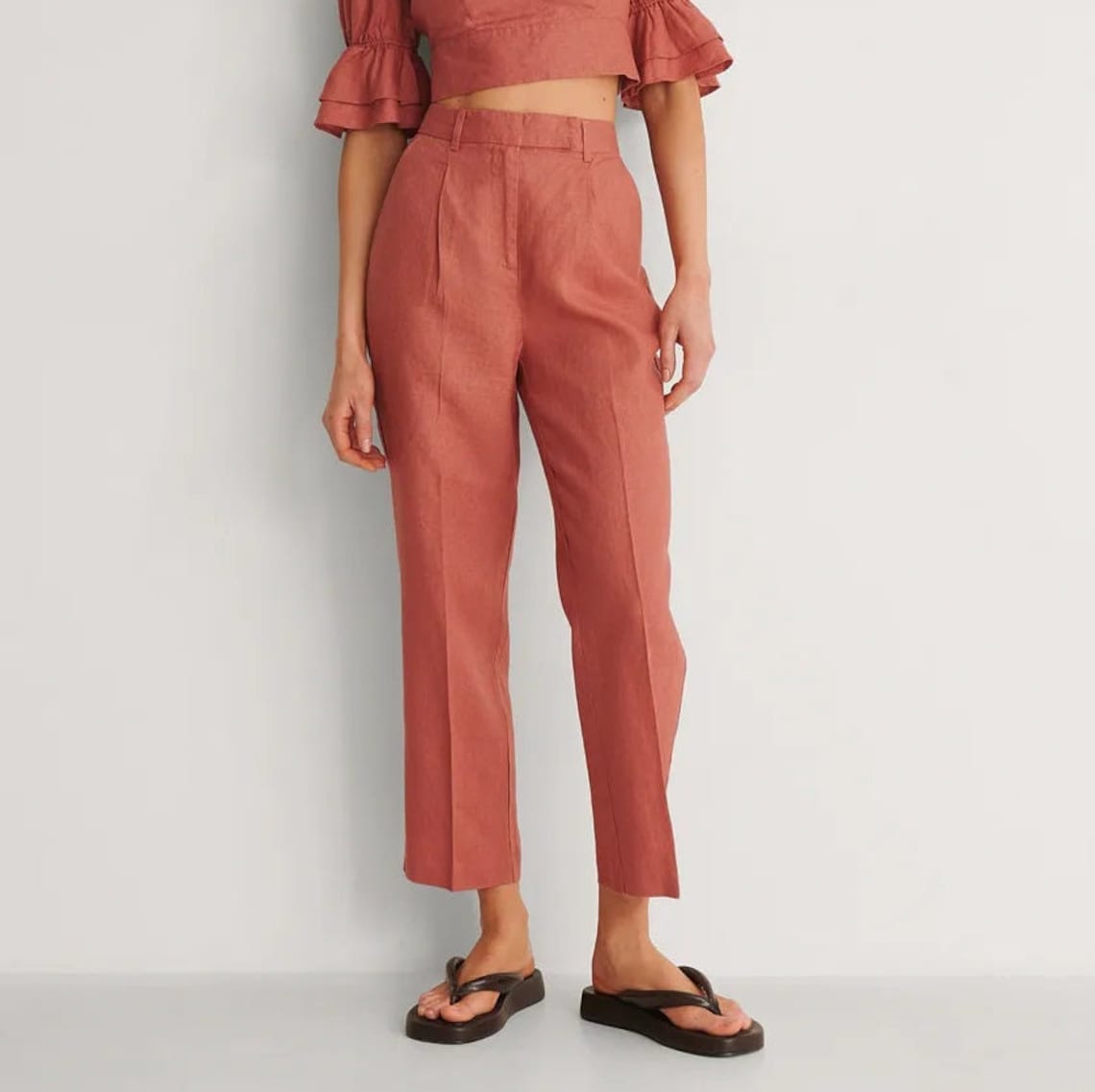 Rust Orange Linen Back Tie Top, Linen Backless Crop Top With Ruffle ...