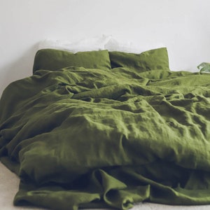 Military Green Pure Linen Flat Sheet, Moss Green Linen Bedding Set ...