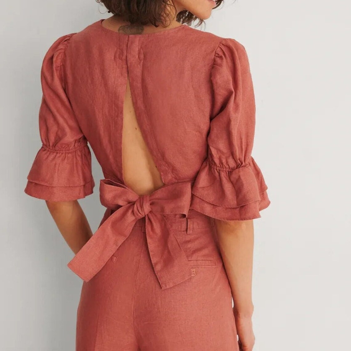 Rust Orange Linen Back Tie Top, Linen Backless Crop Top With Ruffle ...