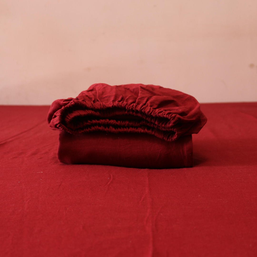 Custom Made Cherry Red Soft Cotton Fitted Sheet, Stonewashed Linen Bed ...
