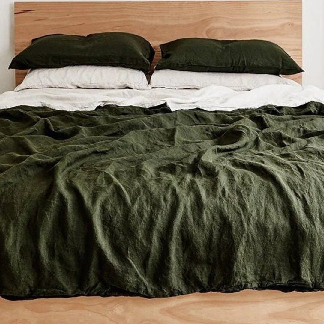4 Pcs Military Green Pure Linen Bedding Set, Olive Green Linen Fitted ...